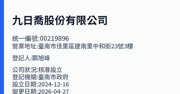 九日喬股份有限公司的照片-統編 00219896(臺南市) 公司登記資料與營業項目詳細圖表