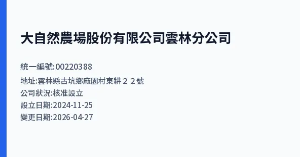 大自然農場股份有限公司雲林分公司的照片-統編 00220388(雲林縣) 公司登記資料與營業項目詳細圖表