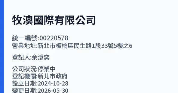 牧澳國際有限公司的照片-統編 00220578(新北市) 公司登記資料與營業項目詳細圖表