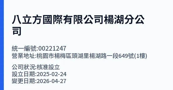 八立方國際有限公司楊湖分公司的照片-統編 00221247(桃園市) 公司登記資料與營業項目詳細圖表