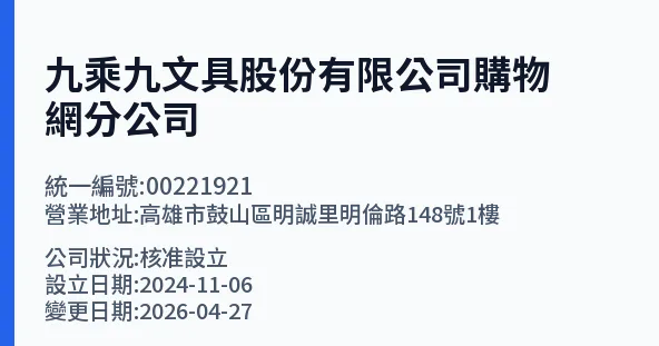 九乘九文具股份有限公司購物網分公司的照片-統編 00221921(高雄市) 公司登記資料與營業項目詳細圖表