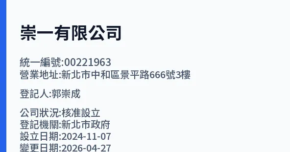 崇一有限公司的照片-統編 00221963(新北市) 公司登記資料與營業項目詳細圖表