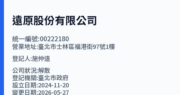 遠原股份有限公司的照片-統編 00222180(臺北市) 公司登記資料與營業項目詳細圖表