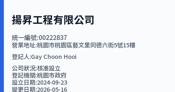 揚昇工程有限公司的照片-統編 00222837(桃園市) 公司登記資料與營業項目詳細圖表