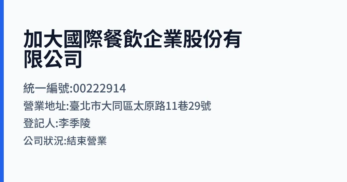 加大國際餐飲企業股份有限公司 - 統編 00222914(臺北市) 公司登記資料與營業項目詳細圖表