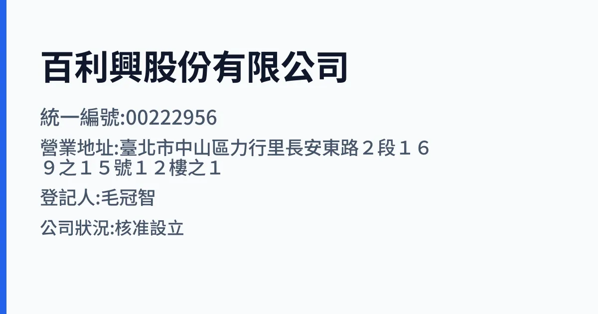 百利興股份有限公司 - 統編 00222956(臺北市) 公司登記資料與營業項目詳細圖表
