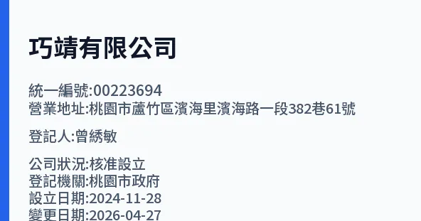 巧靖有限公司的照片-統編 00223694(桃園市) 公司登記資料與營業項目詳細圖表