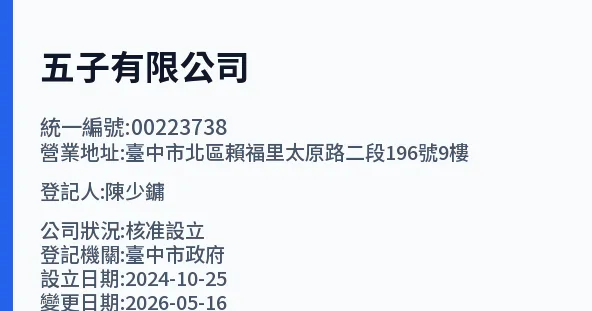 五子有限公司的照片-統編 00223738(臺中市) 公司登記資料與營業項目詳細圖表