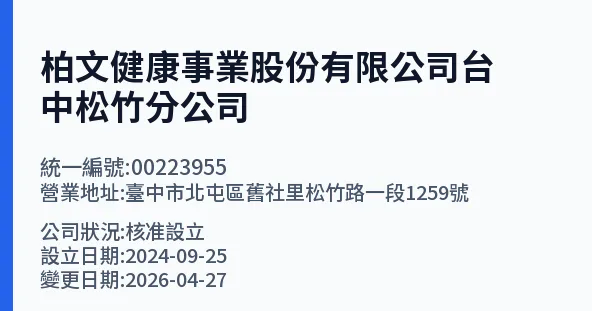 柏文健康事業股份有限公司台中松竹分公司的照片-統編 00223955(臺中市) 公司登記資料與營業項目詳細圖表