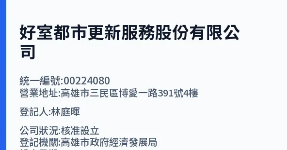 好室都市更新服務股份有限公司的照片-統編 00224080(高雄市) 公司登記資料與營業項目詳細圖表