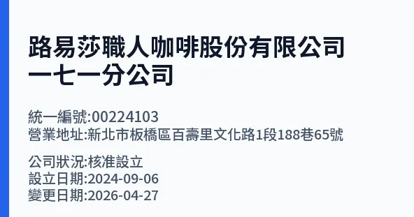路易莎職人咖啡股份有限公司一七一分公司的照片-統編 00224103(新北市) 公司登記資料與營業項目詳細圖表