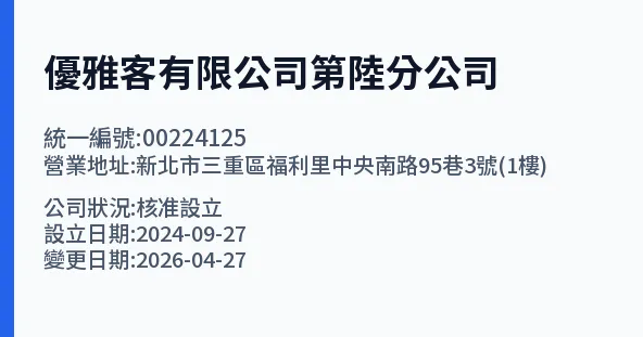 優雅客有限公司第陸分公司的照片-統編 00224125(新北市) 公司登記資料與營業項目詳細圖表