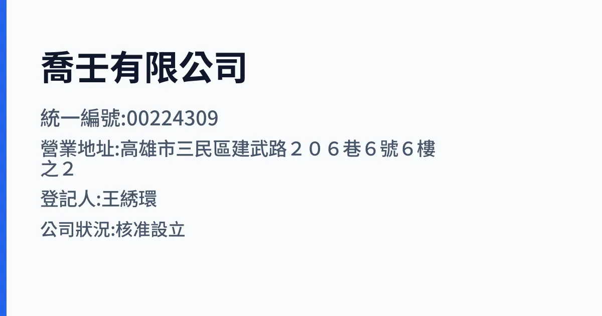 喬壬有限公司 - 統編 00224309(高雄市) 公司登記資料與營業項目詳細圖表