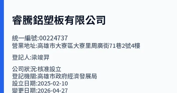 睿騰鋁塑板有限公司的照片-統編 00224737(高雄市) 公司登記資料與營業項目詳細圖表