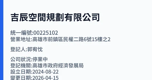 吉辰空間規劃有限公司的照片-統編 00225102(高雄市) 公司登記資料與營業項目詳細圖表