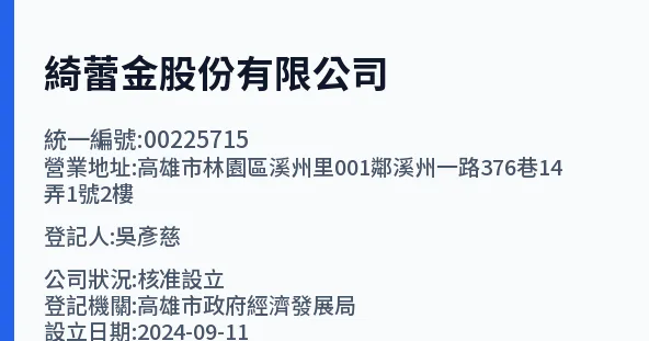 綺蕾金股份有限公司的照片-統編 00225715(高雄市) 公司登記資料與營業項目詳細圖表
