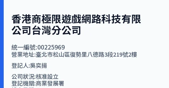 香港商極限遊戲網路科技有限公司台灣分公司的照片-統編 00225969(臺北市) 公司登記資料與營業項目詳細圖表
