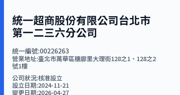 統一超商股份有限公司台北市第一二三六分公司的照片-統編 00226263(臺北市) 公司登記資料與營業項目詳細圖表