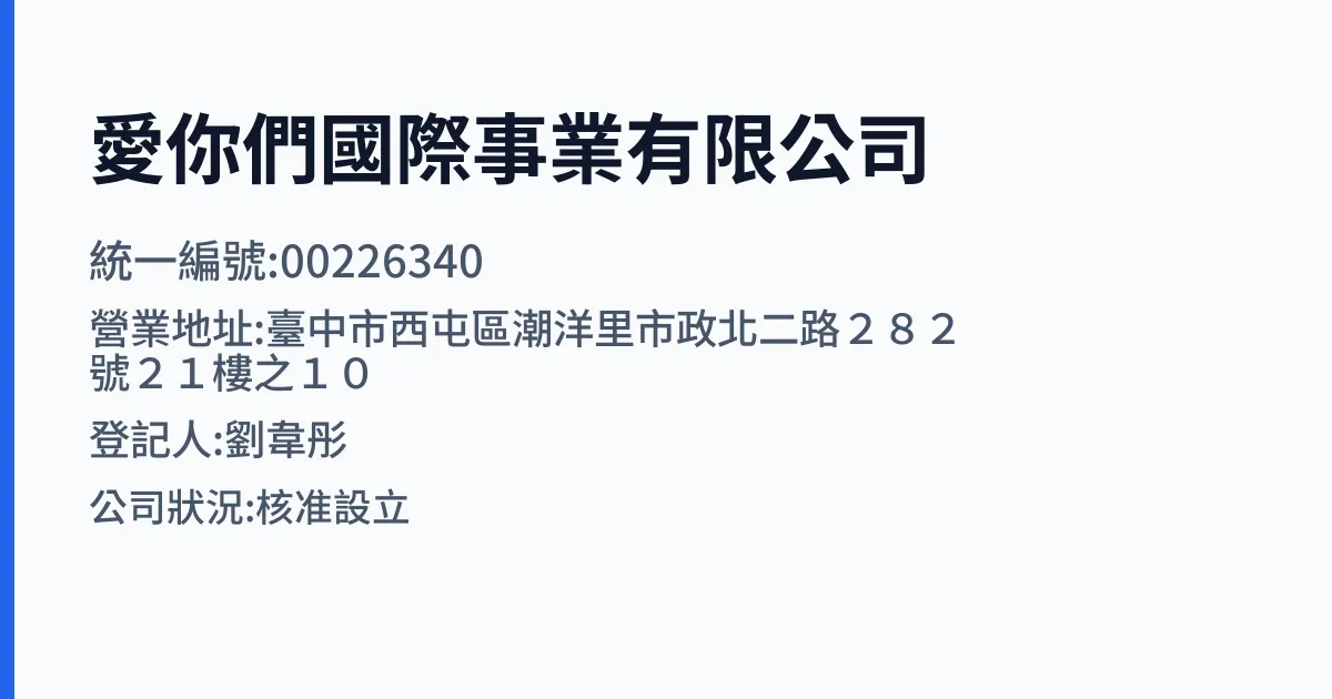 愛你們國際事業有限公司 - 統編 00226340(臺中市) 公司登記資料與營業項目詳細圖表
