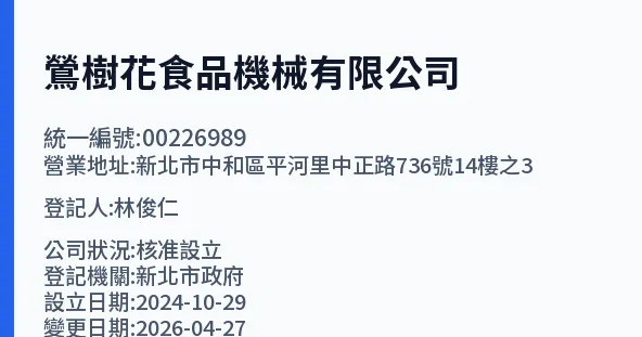 鶯樹花食品機械有限公司的照片-統編 00226989(新北市) 公司登記資料與營業項目詳細圖表