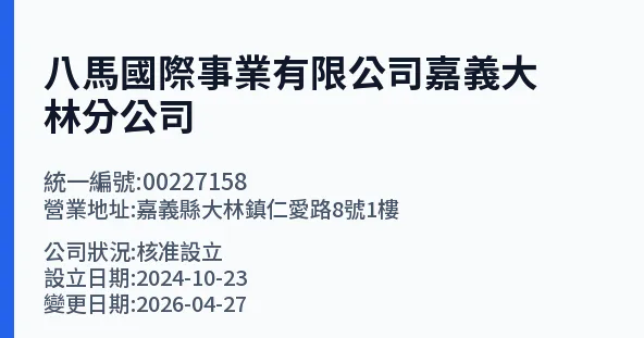八馬國際事業有限公司嘉義大林分公司的照片-統編 00227158(嘉義縣) 公司登記資料與營業項目詳細圖表