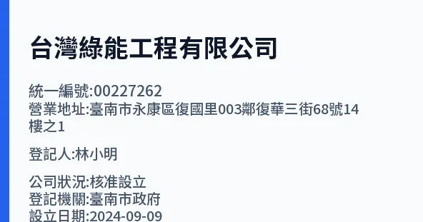 台灣綠能工程有限公司的照片-統編 00227262(臺南市) 公司登記資料與營業項目詳細圖表