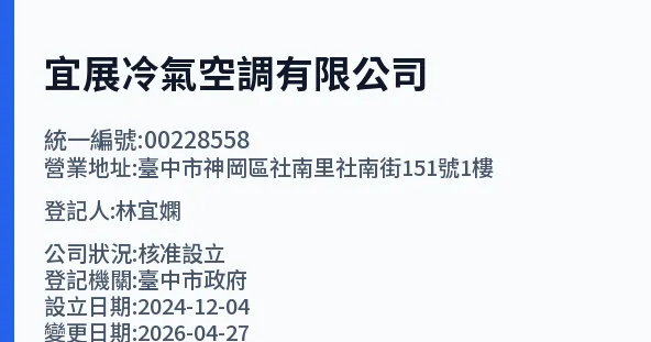 宜展冷氣空調有限公司的照片-統編 00228558(臺中市) 公司登記資料與營業項目詳細圖表