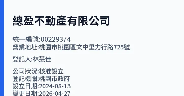 總盈不動產有限公司的照片-統編 00229374(桃園市) 公司登記資料與營業項目詳細圖表