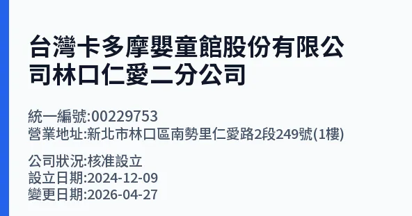 台灣卡多摩嬰童館股份有限公司林口仁愛二分公司的照片-統編 00229753(新北市) 公司登記資料與營業項目詳細圖表