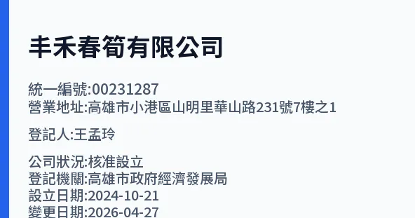 丰禾春筍有限公司的照片-統編 00231287(高雄市) 公司登記資料與營業項目詳細圖表