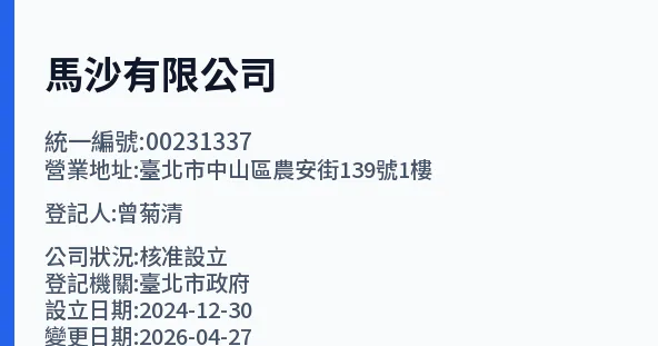 馬沙有限公司的照片-統編 00231337(臺北市) 公司登記資料與營業項目詳細圖表