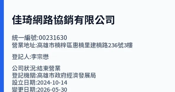 佳琦網路協銷有限公司的照片-統編 00231630(高雄市) 公司登記資料與營業項目詳細圖表