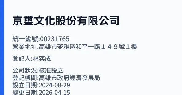 京璽文化股份有限公司的照片-統編 00231765(高雄市) 公司登記資料與營業項目詳細圖表