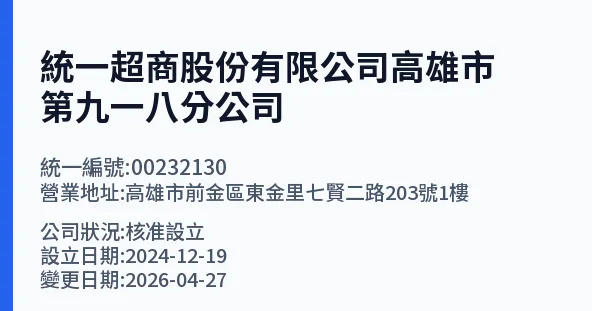 統一超商股份有限公司高雄市第九一八分公司的照片-統編 00232130(高雄市) 公司登記資料與營業項目詳細圖表