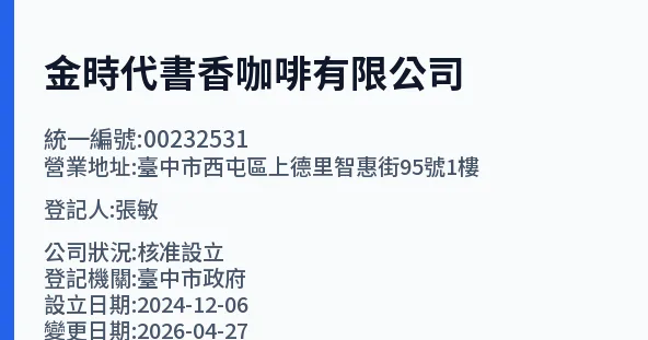 金時代書香咖啡有限公司的照片-統編 00232531(臺中市) 公司登記資料與營業項目詳細圖表