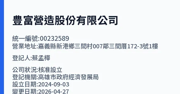 豊富營造股份有限公司的照片-統編 00232589(嘉義縣) 公司登記資料與營業項目詳細圖表