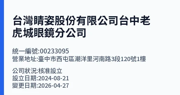 台灣睛姿股份有限公司台中老虎城眼鏡分公司的照片-統編 00233095(臺中市) 公司登記資料與營業項目詳細圖表