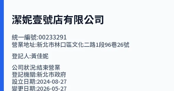 潔妮壹號店有限公司的照片-統編 00233291(新北市) 公司登記資料與營業項目詳細圖表