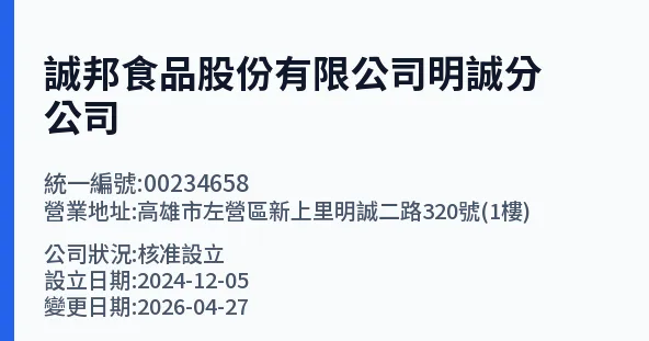 誠邦食品股份有限公司明誠分公司的照片-統編 00234658(高雄市) 公司登記資料與營業項目詳細圖表