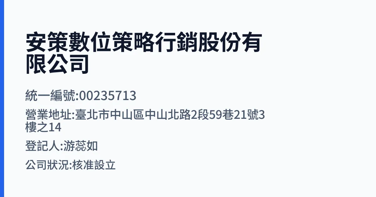 安策數位策略行銷股份有限公司 - 統編 00235713(臺北市) 公司登記資料與營業項目詳細圖表