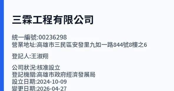 三霖工程有限公司的照片-統編 00236298(高雄市) 公司登記資料與營業項目詳細圖表