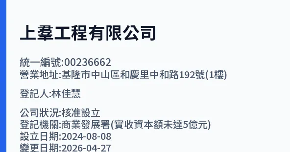 上羣工程有限公司的照片-統編 00236662(基隆市) 公司登記資料與營業項目詳細圖表