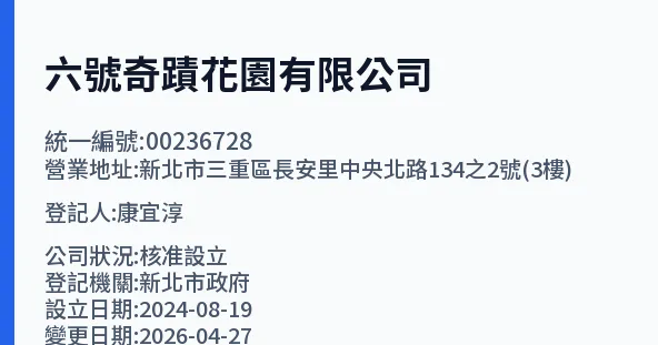 六號奇蹟花園有限公司的照片-統編 00236728(新北市) 公司登記資料與營業項目詳細圖表