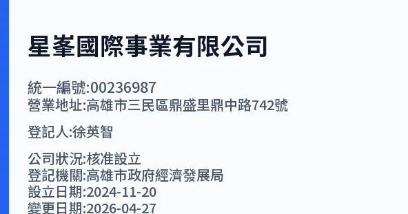星峯國際事業有限公司的照片-統編 00236987(高雄市) 公司登記資料與營業項目詳細圖表