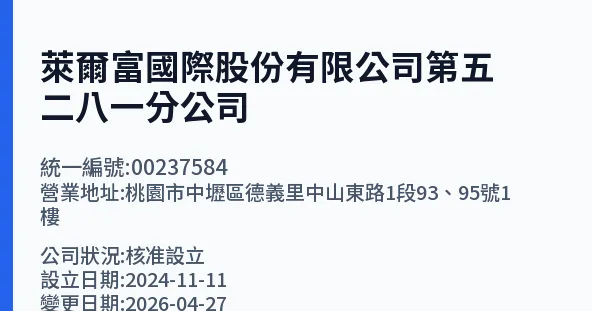 萊爾富國際股份有限公司第五二八一分公司的照片-統編 00237584(桃園市) 公司登記資料與營業項目詳細圖表