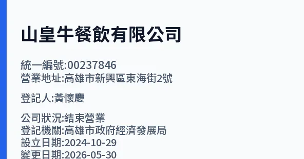 山皇牛餐飲有限公司的照片-統編 00237846(高雄市) 公司登記資料與營業項目詳細圖表