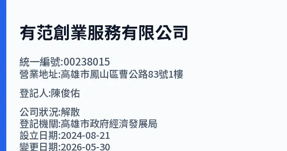 有范創業服務有限公司的照片-統編 00238015(高雄市) 公司登記資料與營業項目詳細圖表