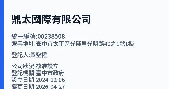鼎太國際有限公司的照片-統編 00238508(臺中市) 公司登記資料與營業項目詳細圖表