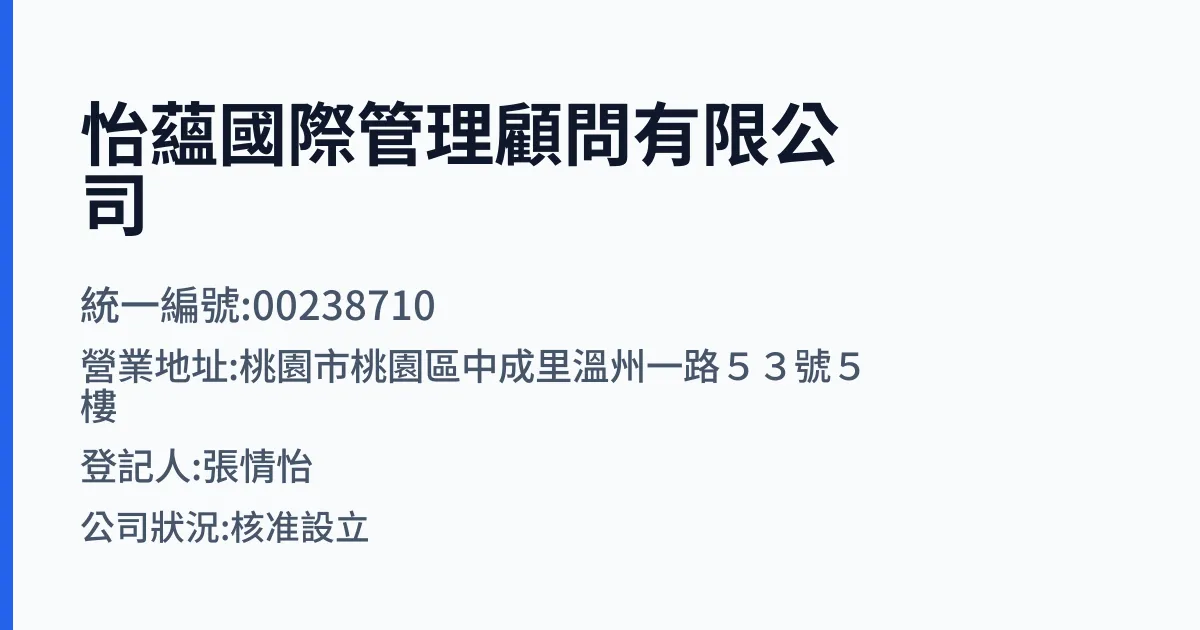 怡蘊國際管理顧問有限公司 - 統編 00238710(桃園市) 公司登記資料與營業項目詳細圖表