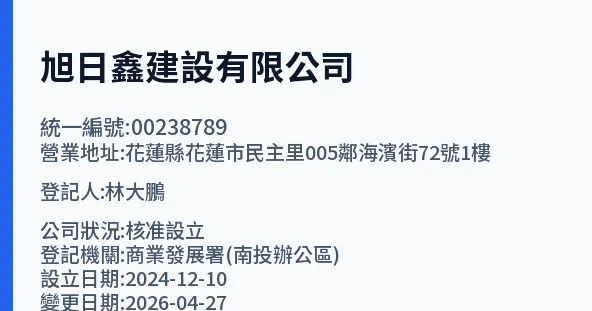 旭日鑫建設有限公司的照片-統編 00238789(花蓮縣) 公司登記資料與營業項目詳細圖表